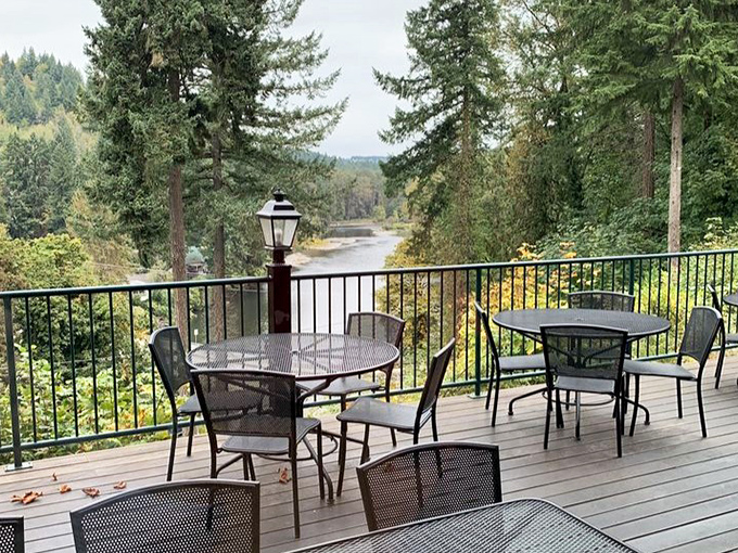Nature's dining room. The deck overlooking the Clackamas River offers the kind of view that makes everything taste better, even if that seems impossible.