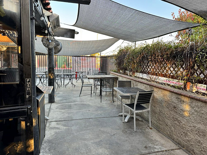 The patio offers shade sails and fresh air, perfect for when you need room to contemplate that second order.