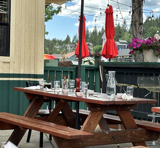 Outdoor seating where the Sierra Nevada provides the backdrop and picnic tables promise casual mountain dining perfection.