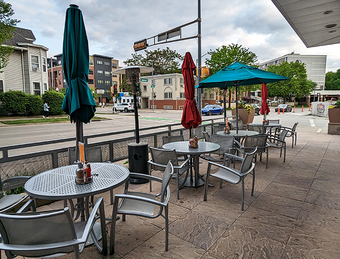 Outdoor seating where fresh air enhances the flavors and colorful umbrellas stand ready to protect your precious pancakes from unexpected Wisconsin weather.
