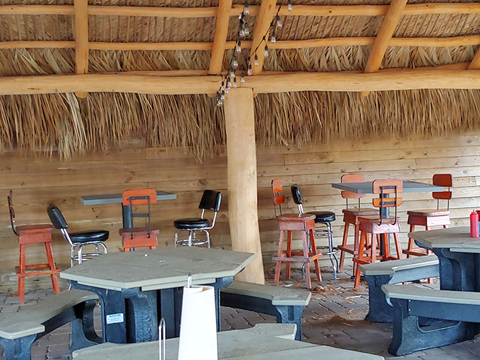Tiki-inspired outdoor seating that whispers, "Stay awhile." These tables have hosted countless Florida sunsets and cold beer revelations.