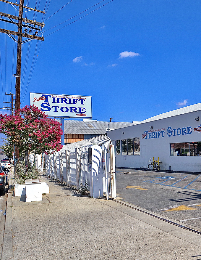 The white exterior gleams in California sunshine, a beacon for budget-conscious shoppers seeking sustainable style solutions.