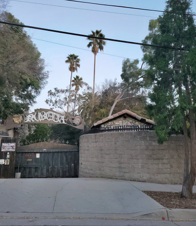 The castle entrance blends surprisingly well with its suburban surroundings. Palm trees and power lines frame this thoroughly Californian medieval fantasy.