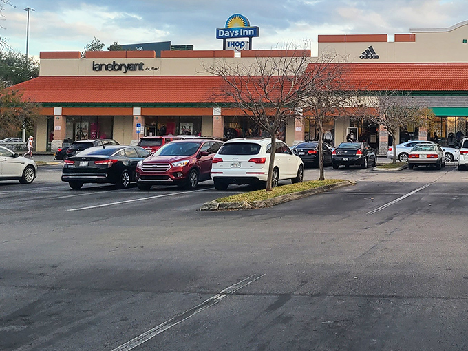 The parking lot tells the story of a successful shopping day—cars loaded with bags while their owners make "just one more stop" before reluctantly heading home.