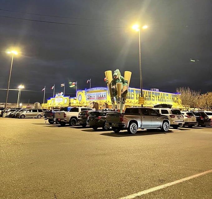By night, The Big Texan glows like a yellow beacon of hope for hungry travelers. It's not just a restaurant&mdash;it's a landmark visible from space (probably).