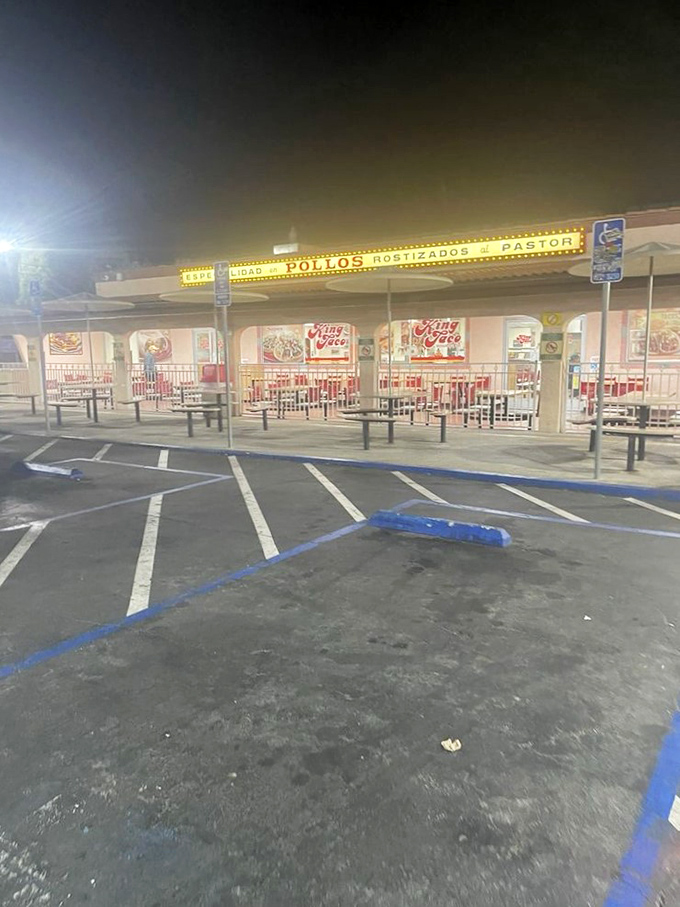 Even at night, the glow of King Taco beckons. Like a lighthouse for the hungry, it guides you safely to port.