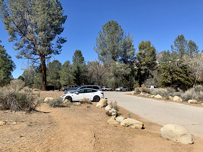 Journey's beginning: the unassuming parking area gives no hint of the natural wonders waiting just beyond, where cars are swapped for hiking boots.
