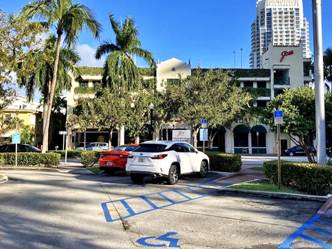 Even the parking area feels distinctly Miami Beach&mdash;palm trees standing guard over vehicles whose owners are about to have a memorable meal. 