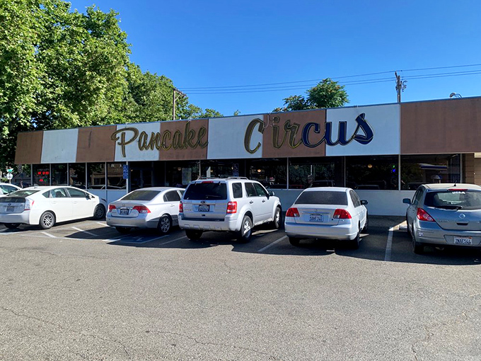 A parking lot filled with cars of breakfast pilgrims who know that weekend mornings are sacred and best spent at Pancake Circus.