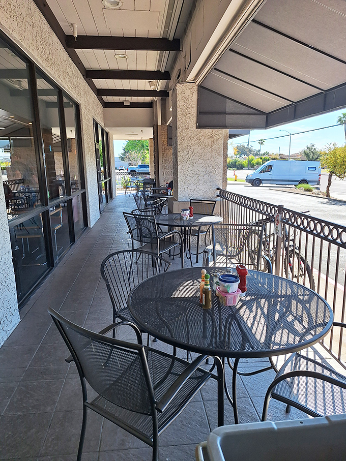 Patio seating for those Arizona mornings when the temperature dips below scorching and the breeze feels like nature's air conditioning.