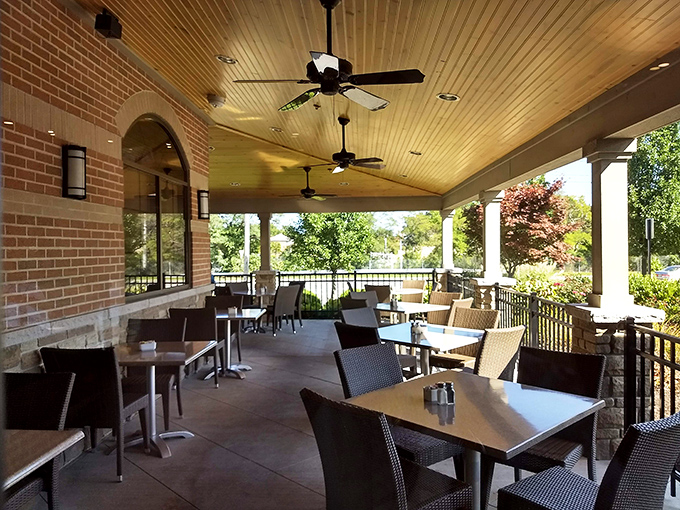 The patio seating area offers a breath of fresh air with your meal. Those ceiling fans ensure comfort even on Ohio's steamier days.