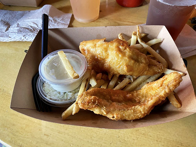 Perch so perfectly fried it practically floats off the plate. The supporting cast of fries and slaw knows its role perfectly.