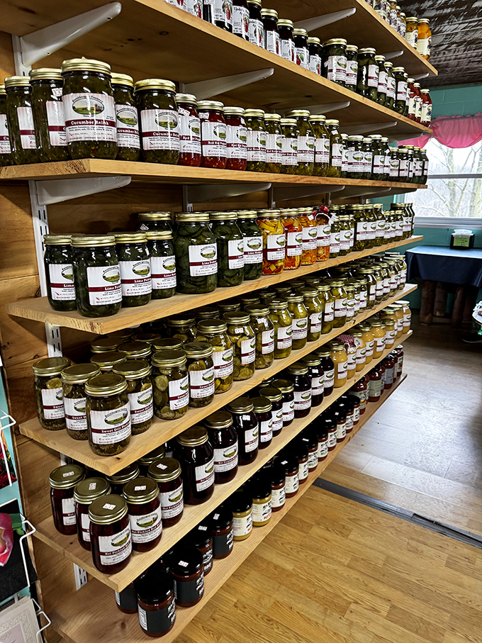 Jars of pickles and preserves line the shelves like edible jewels, each one capturing summer's bounty for winter's comfort.
