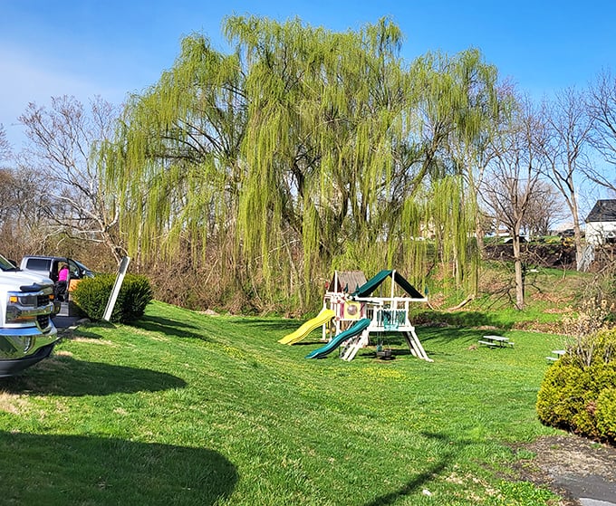 Even the playground speaks to family values—a place where kids can burn energy while adults recover from that second helping of pot pie.