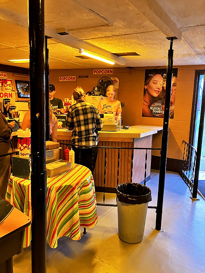 The concession stand buzzes with activity, where friendly faces serve up the essential ingredients for movie night perfection.