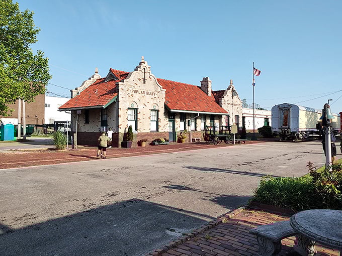 The historic Poplar Bluff station stands as a charming reminder of the town's railroad heritage, its distinctive architecture preserved for future generations.