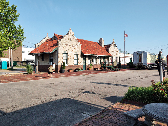 The historic Poplar Bluff station stands as a charming reminder of the town's railroad heritage, its distinctive architecture preserved for future generations.
