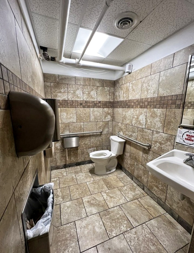 Even the restroom stays on theme&mdash;practical, clean, and without pretension. No fancy hand lotions here, just honest-to-goodness functionality.