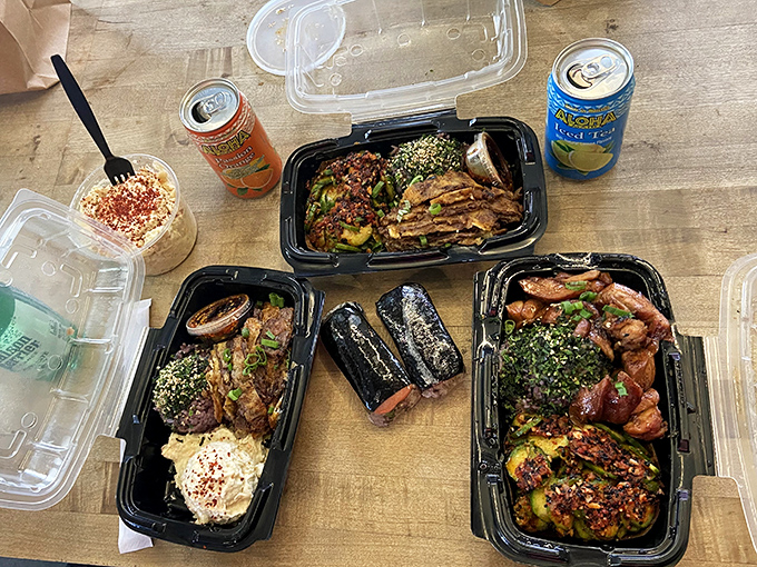 Takeout heaven—a feast of Hawaiian-Korean delights packed to travel but destined to disappear long before you reach your destination.