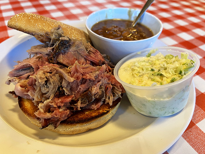 A pulled pork sandwich that requires both hands and your full attention. The meat-to-bun ratio here is gloriously, unapologetically in favor of meat.