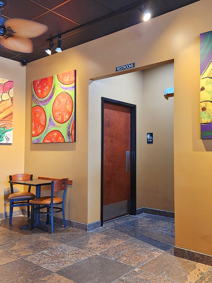 Even the path to the restrooms is lined with food celebration. At Keke's, every square foot acknowledges the importance of breakfast.