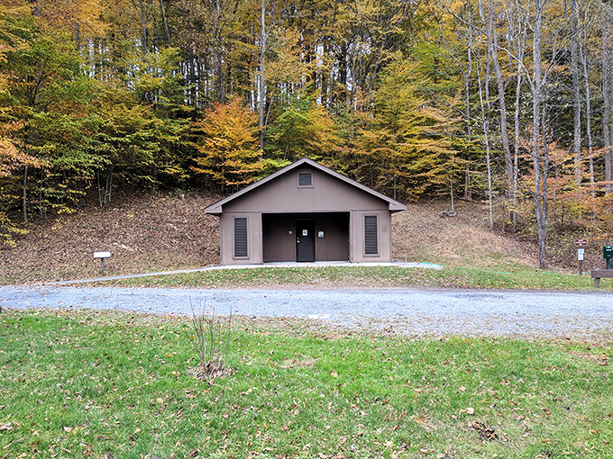Practical meets picturesque: the park's restroom facilities nestled against a backdrop of autumn-painted trees. Civilization's modest footprint in the wilderness.