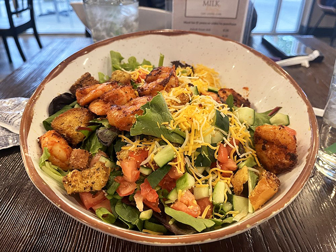 A salad that doesn't feel like punishment. Those blackened shrimp and fresh vegetables are having such a good time together, you'll actually forget it's healthy.