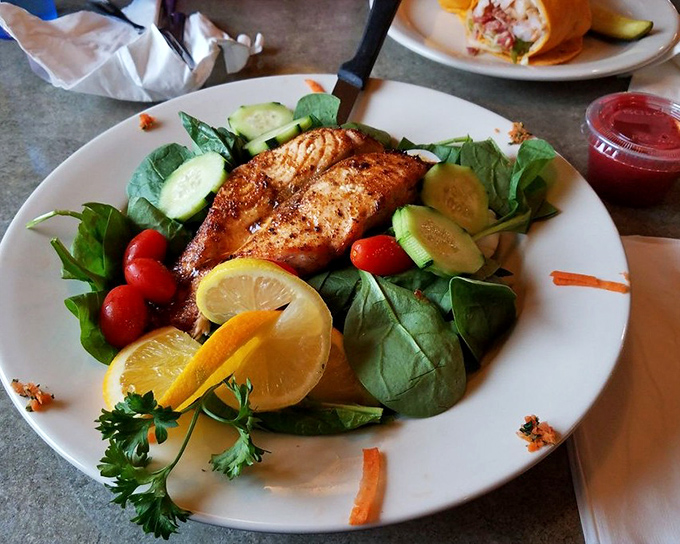 A salmon salad that proves diner food isn't all about indulgence. Fresh, colorful, and arranged with surprising care.