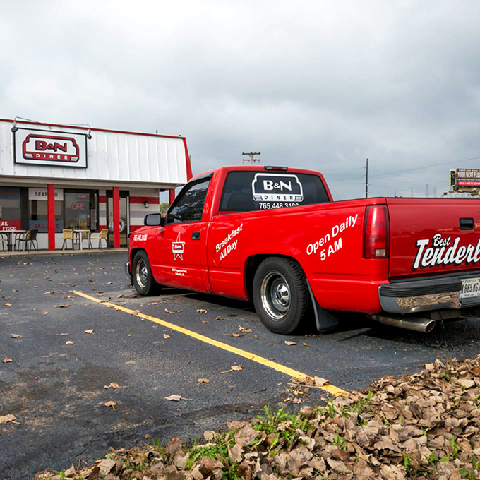 Even the delivery truck matches the diner's signature red. When your brand identity extends to your vehicles, you know you're doing something right.