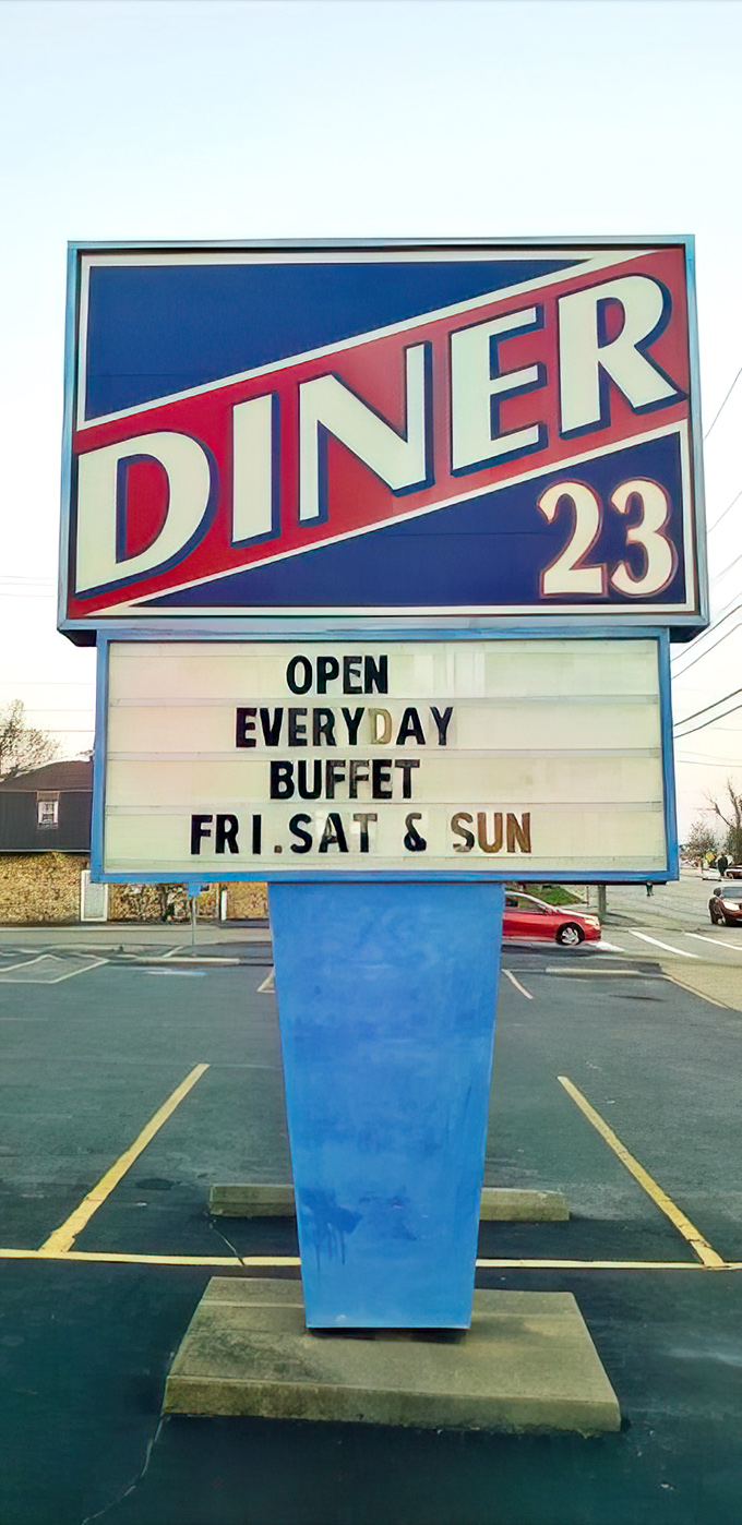 The beacon of hope for hungry travelers&mdash;this sign promises daily sustenance and weekend buffets that'll make your belt beg for mercy.