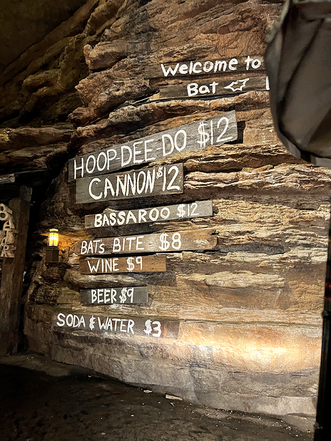 Hand-painted signage on limestone walls lists drinks and prices in true cave-dwelling fashion and charm.