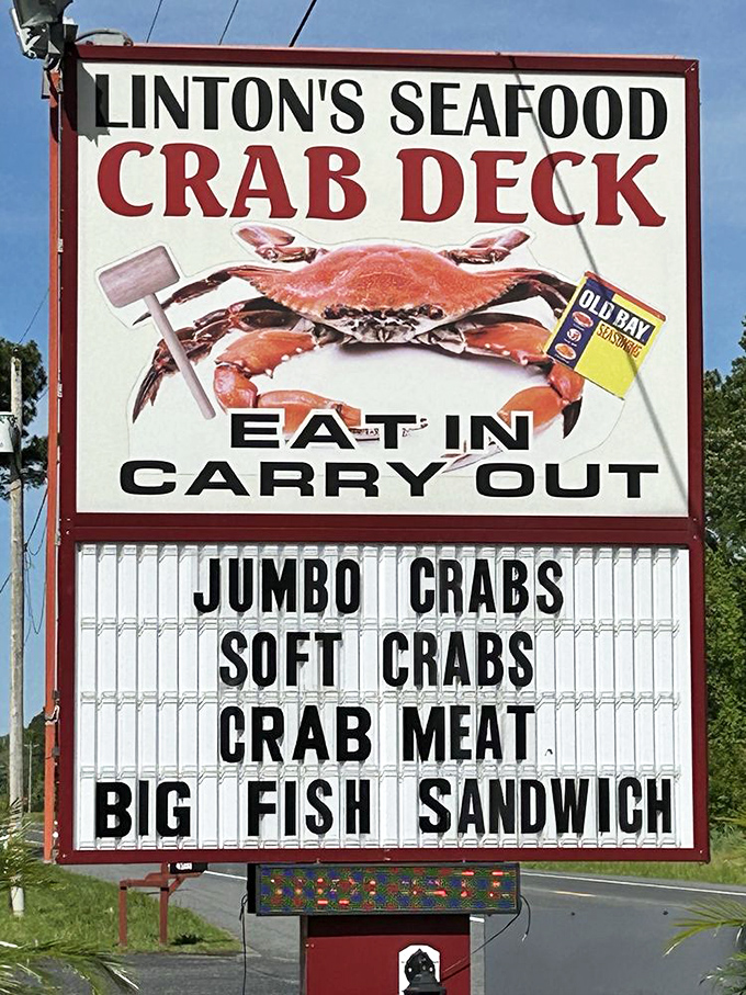 Linton's roadside sign doesn't mince words&mdash;it gets right to the point with "JUMBO CRABS" and "BIG FISH SANDWICH." No further explanation needed.