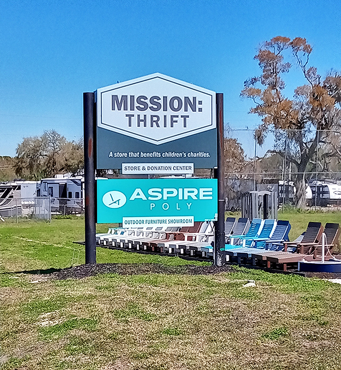 The sign says it all&mdash;shopping here benefits children's charities, turning your bargain hunting into an act of community kindness.