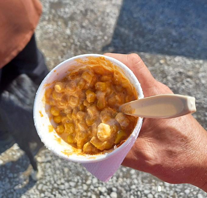 Elote in a cup&mdash;the perfect walking-around food! This creamy, spicy corn concoction fuels serious shoppers for the treasure hunt ahead.