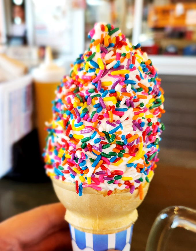 This sprinkle-covered soft serve isn't just dessert&mdash;it's joy in edible form, a rainbow explosion that makes adults smile like kids again.