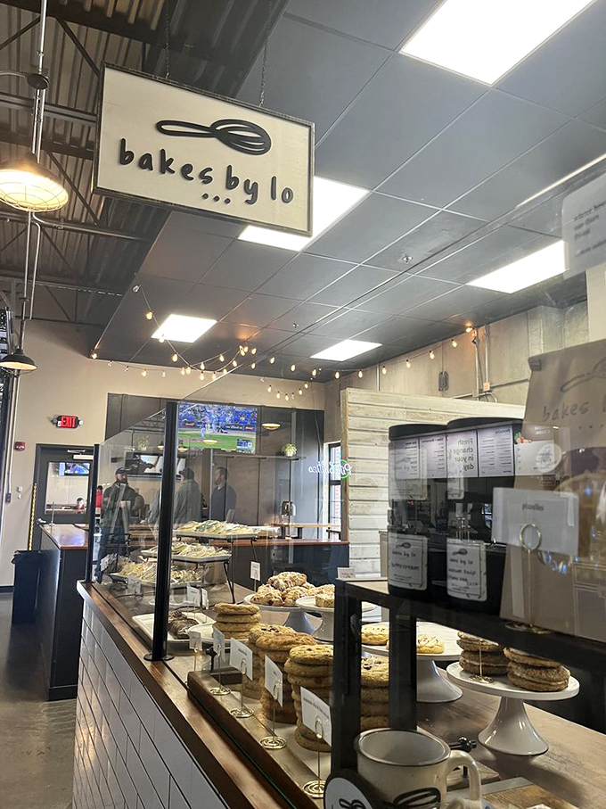 The suspended Bakes by Lo sign watches over a display case that's essentially a museum of butter, sugar, and flour—except nothing's behind glass.