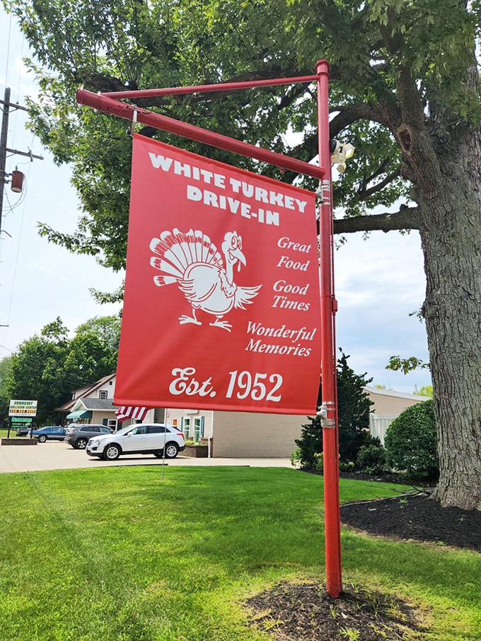 "Great Food, Good Times, Wonderful Memories" since 1952. The red banner speaks truth&mdash;this isn't just eating, it's participating in a continuing American tradition.