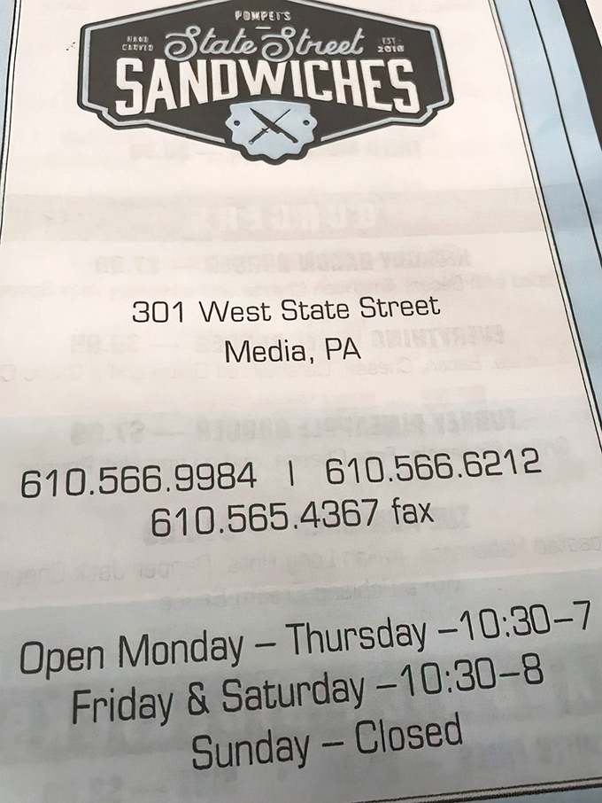 The details that matter: location, hours, and multiple phone numbers &ndash; because when sandwich cravings hit, you need options.