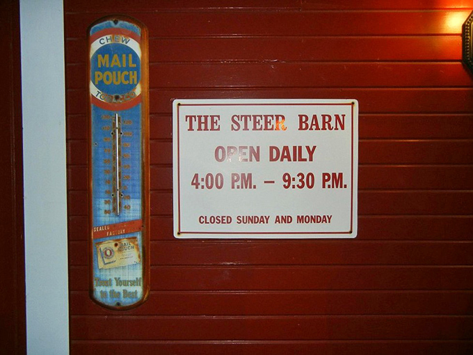 Hours posted with Midwestern directness&mdash;the kind of no-nonsense schedule that says "We're serious about steak, not staying up past bedtime."