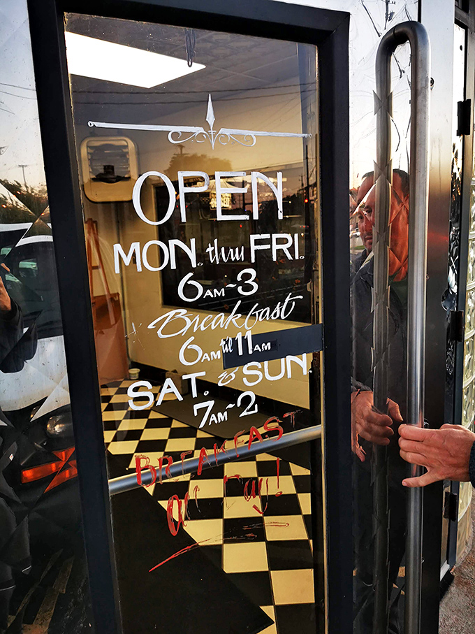 The hours posted on the door tell you everything&mdash;this is a place that understands breakfast is an all-day affair. Early birds and late risers equally welcome.