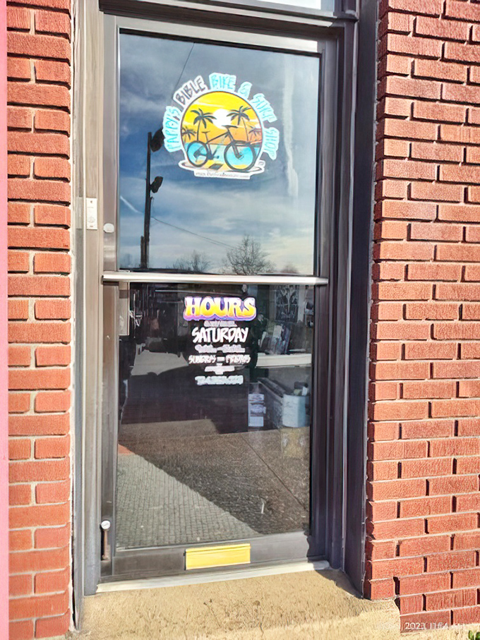 That "Ride the Beach" window decal hints at summer vibes all year round in this friendly neighborhood spot.