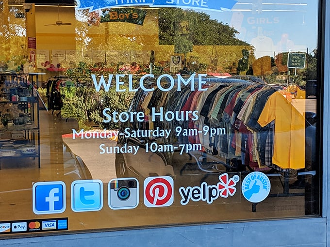 The storefront window reveals the holy grail of thrift store information: extended hours seven days a week. Bargain hunters rejoice &ndash; treasure awaits daily!