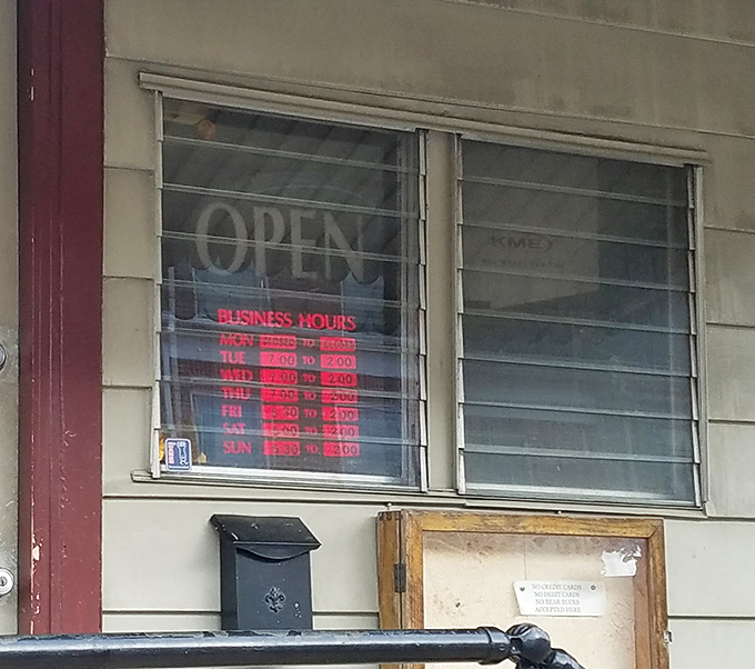 The hours posted like a promise&mdash;seven days of breakfast possibilities that make Monday mornings slightly more bearable.