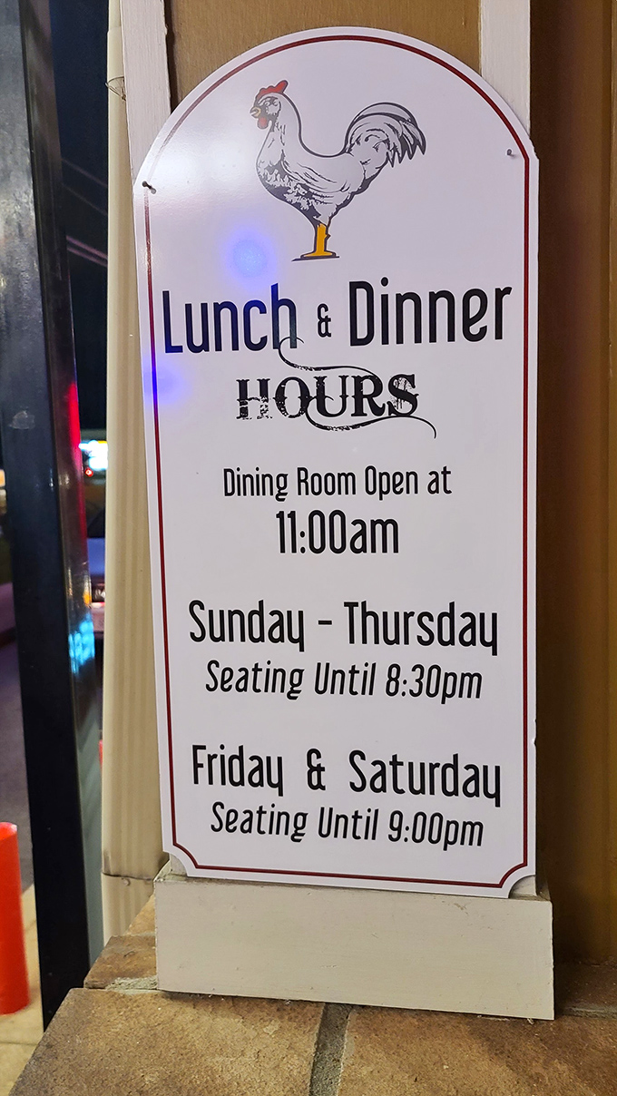 Even the hours sign features the iconic rooster. In Cincinnati, time itself is measured by when you can next enjoy Ron's legendary comfort food.