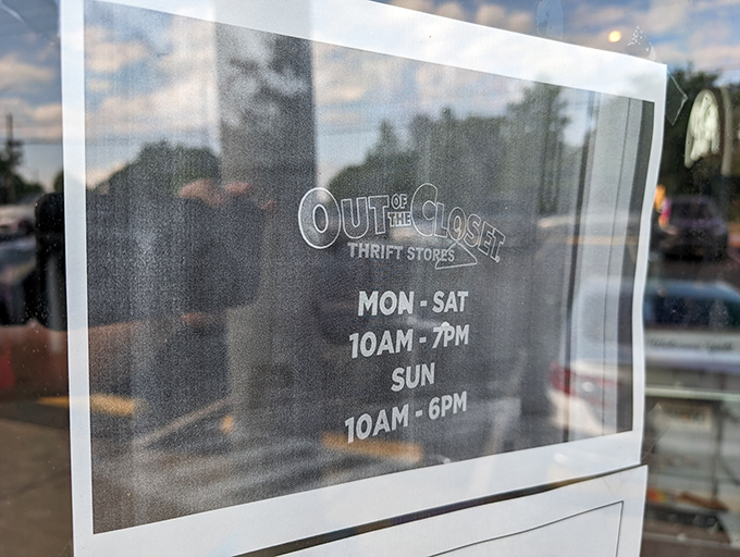 The store hours sign promises seven days of thrifting possibilities. Mark your calendars, set your alarms – treasure awaits!