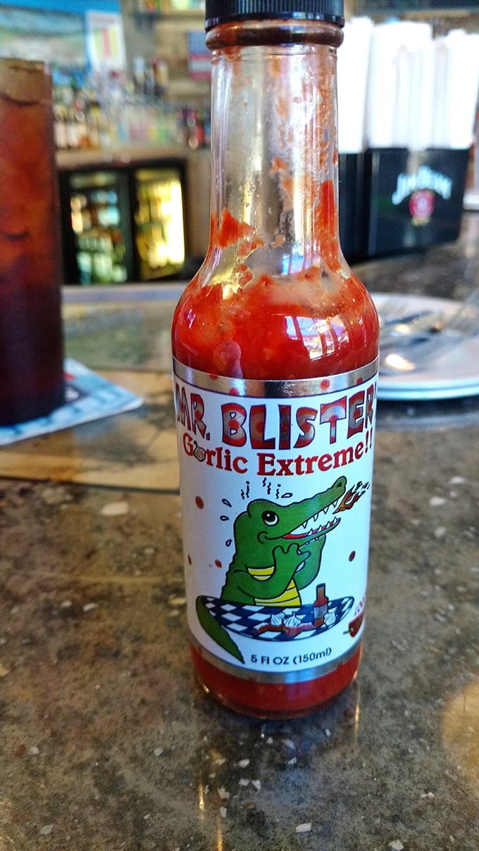 "Mr. Blister" hot sauce &ndash; because sometimes your seafood needs that extra kick that makes your eyes water.