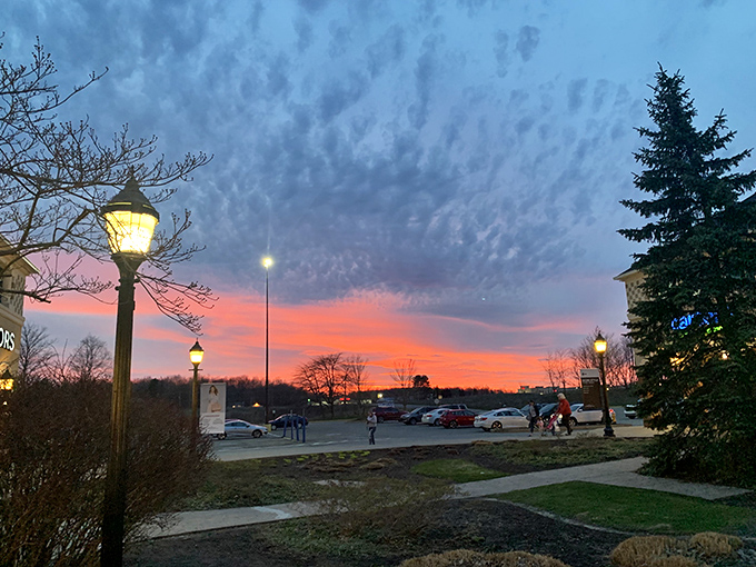Sunset paints the outlets in golden hues, creating magic even in retail parking lots.