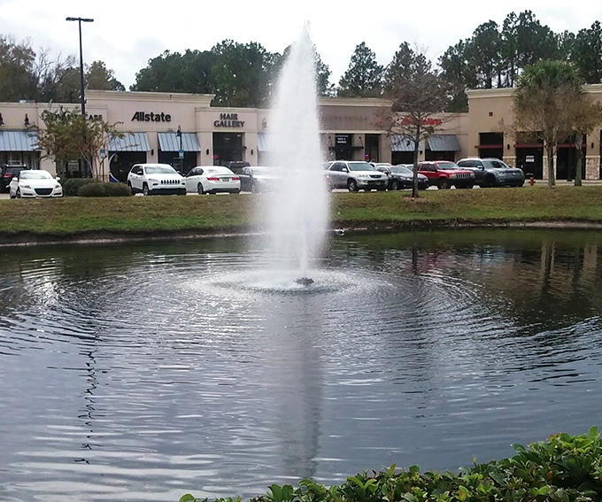 Beyond the parking lot, a serene fountain view offers the perfect digestif after conquering "The Thunderbird" or "Baton Rouge" omelette.