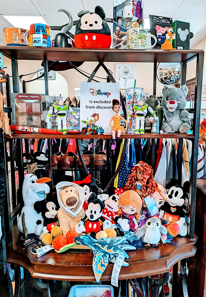 Disney characters and plush friends await new homes. The toy section delights both collectors and kids with its ever-changing treasures.