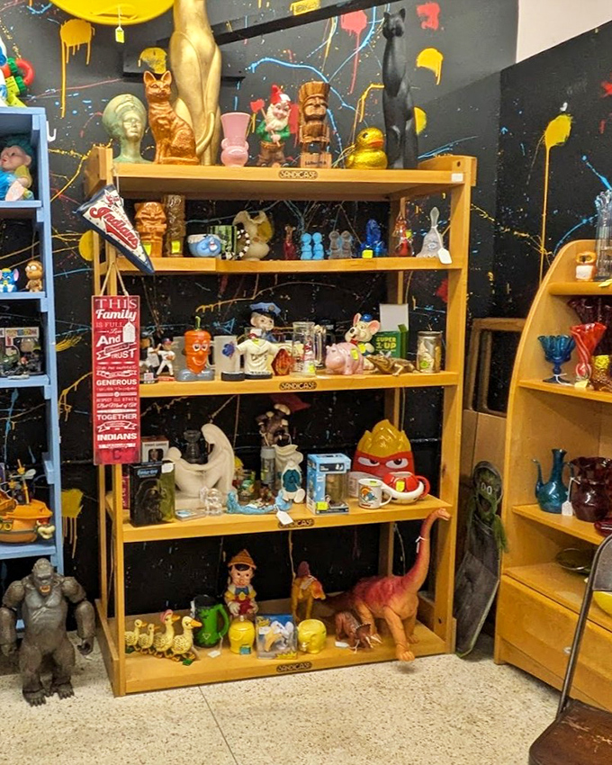 Quirky collectibles create a colorful menagerie of childhood memories. That angry bird and pink dinosaur probably never expected to be roommates.